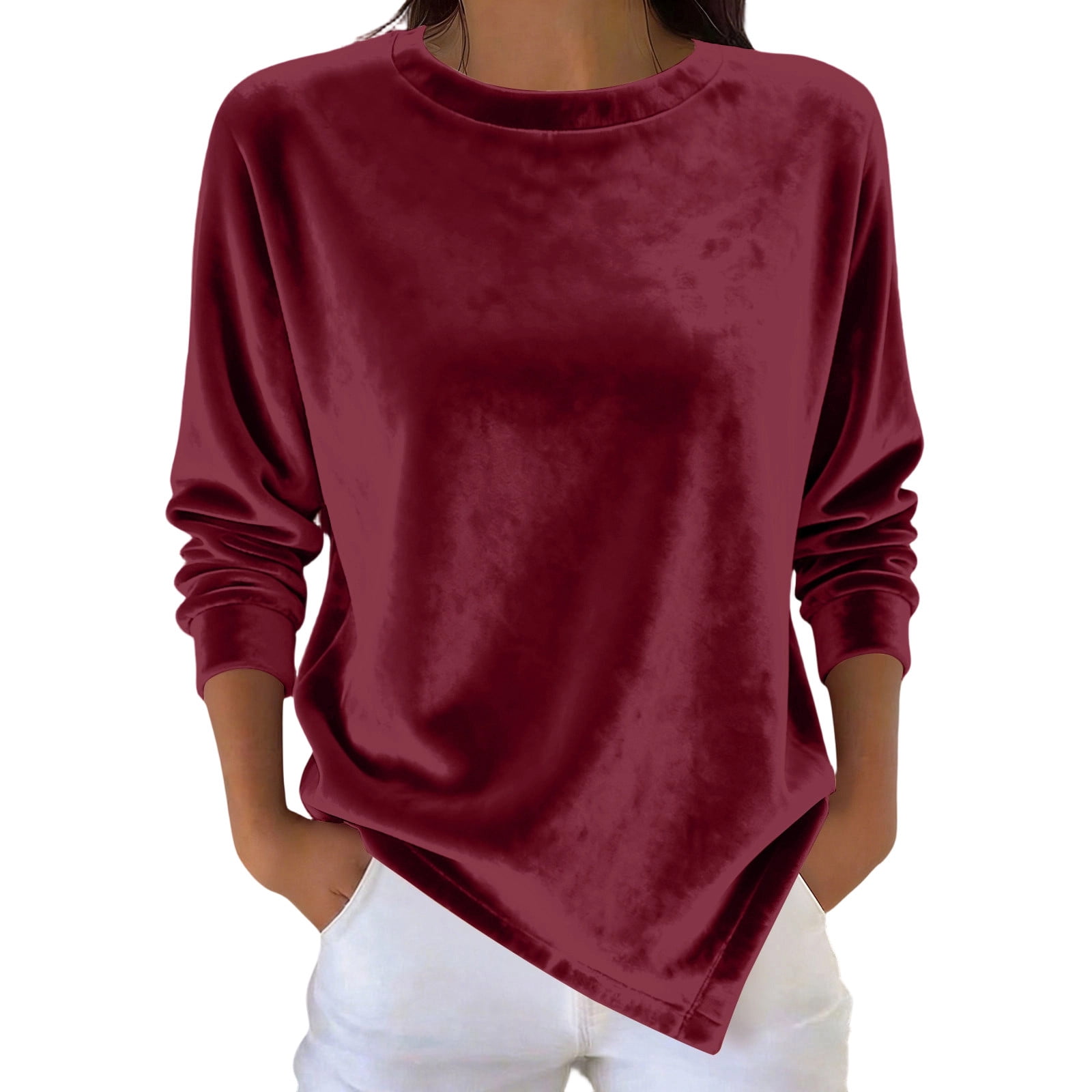ATOYSOY Velvet Crew Neck Long Sleeve Sweatshirt Irregular Curved Hem ...