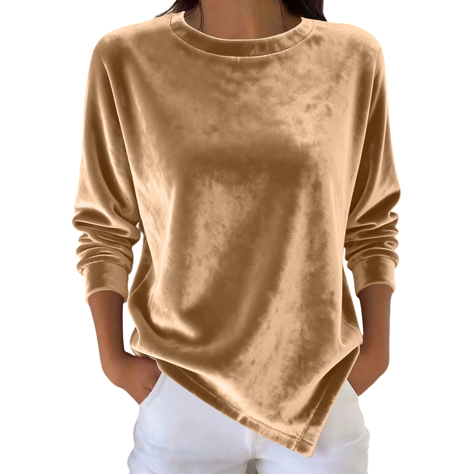 ATOYSOY Velvet Crew Neck Long Sleeve Sweatshirt Irregular Curved Hem ...