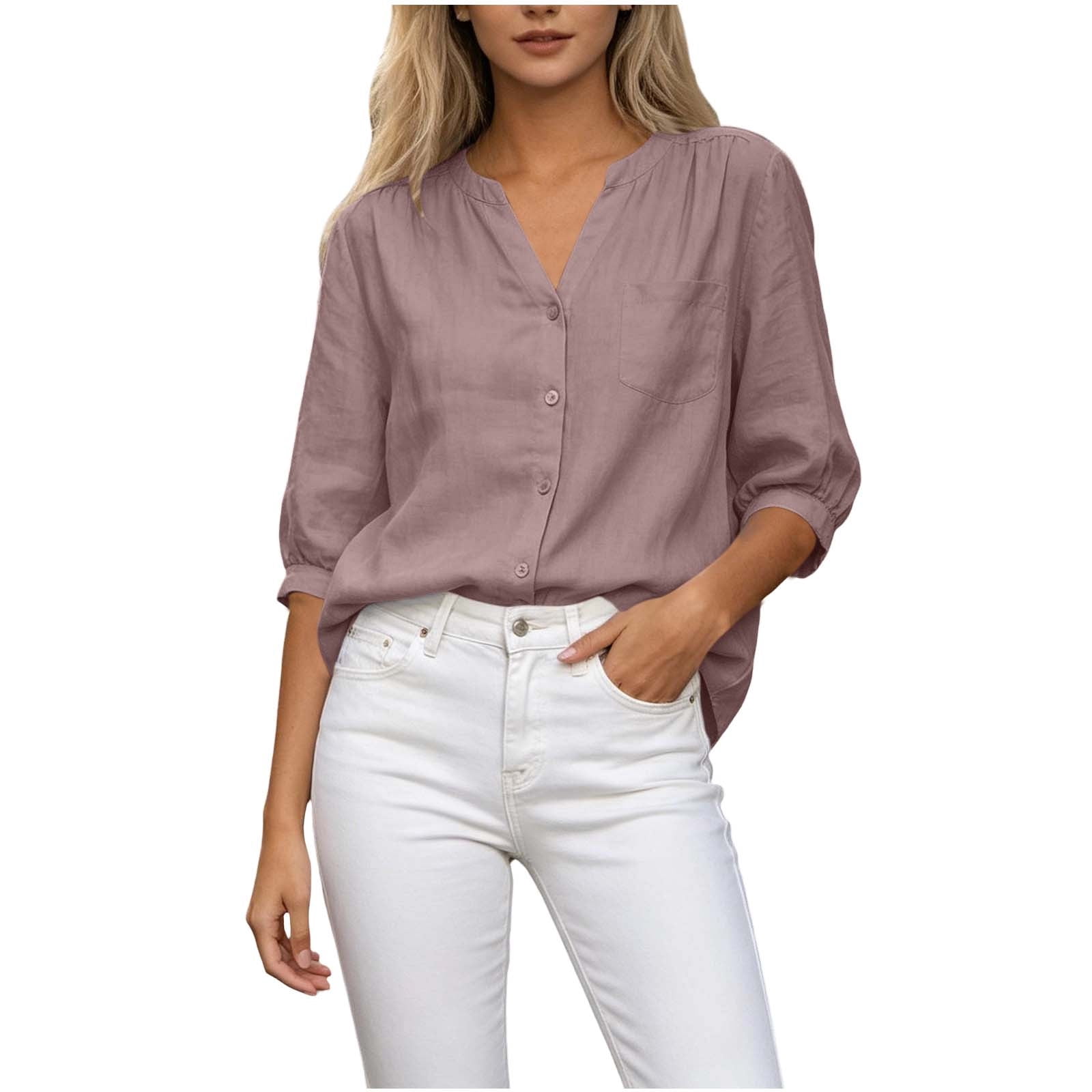 ATOYSOY Women Notched V Neck 3/4 Sleeve Linen Button Down Shirt Chest ...