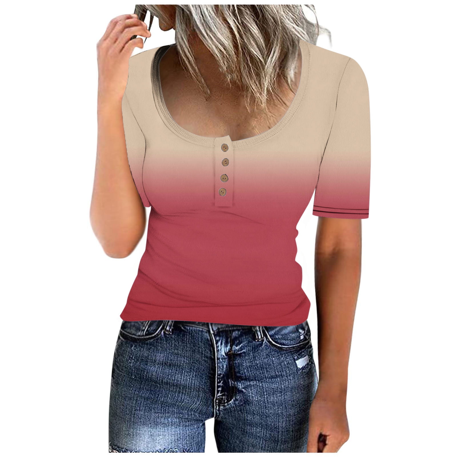 ATOYSOY Women's Knitted Ribbed Slim Basic Tops Clearance Short Sleeve ...