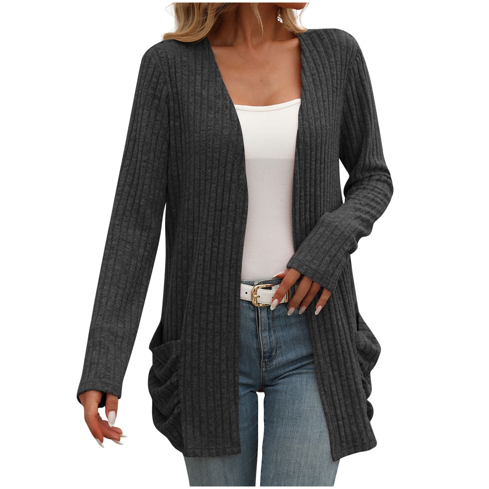 ATOYSOY Women's Lightweight Midi Coat Open Front Knitted Cardigan Fall ...