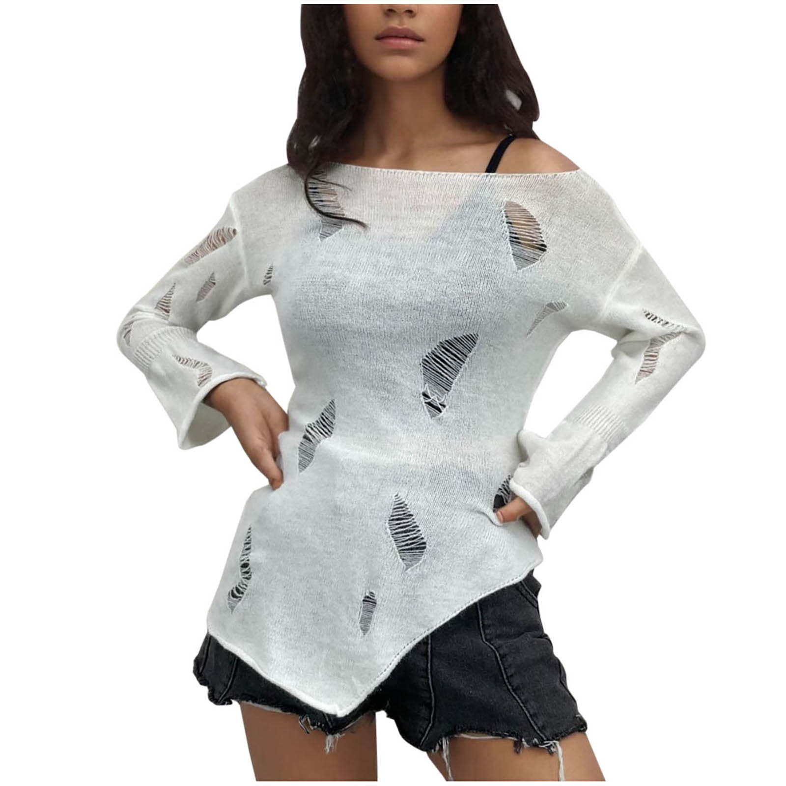 ATOYSOY Women's Long Sleeve Tees Fall Winter Loose Ripped Tops Knitted ...