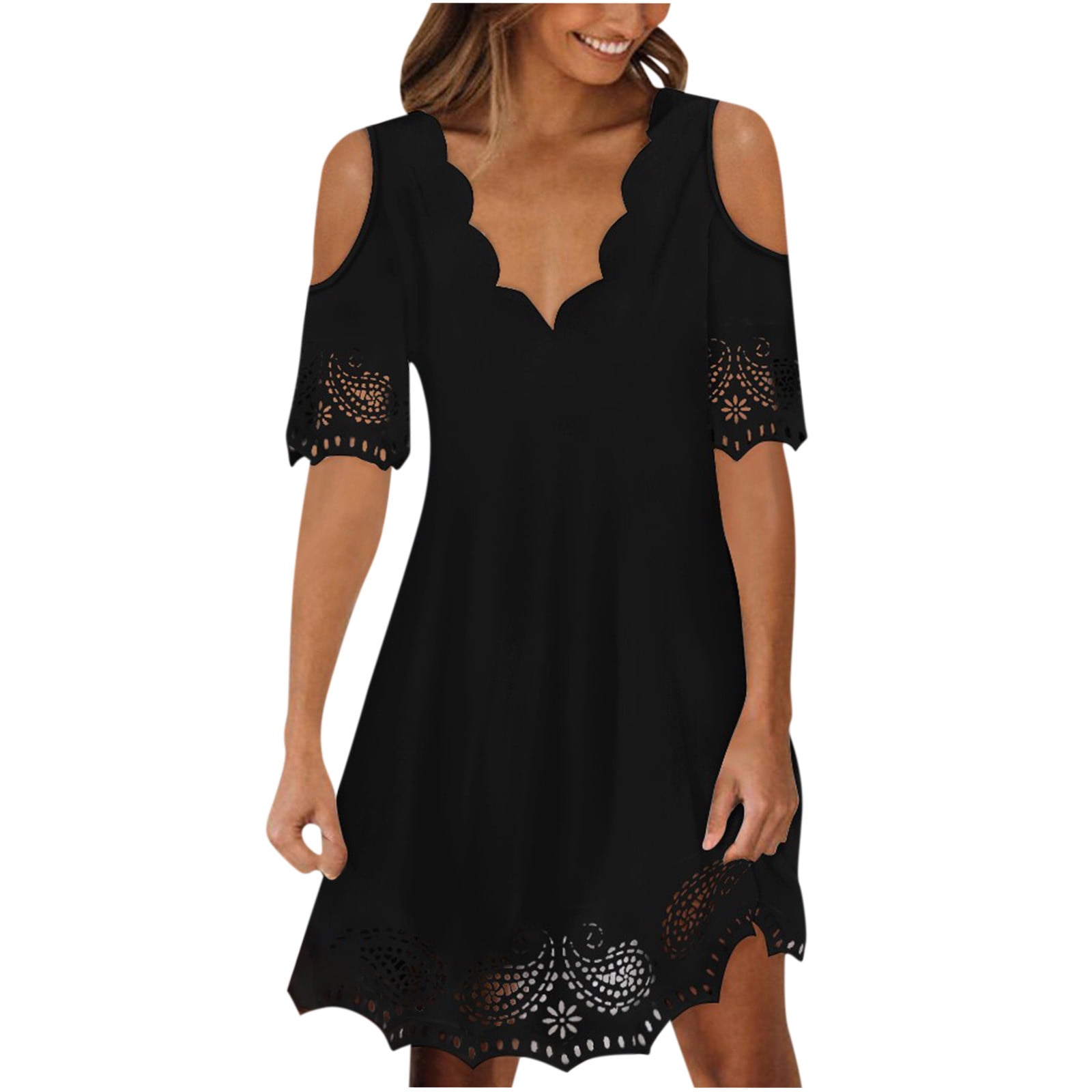 ATOYSOY Women's Mini Loose Dress Solid Color Lace Crochet Retro Summer ...