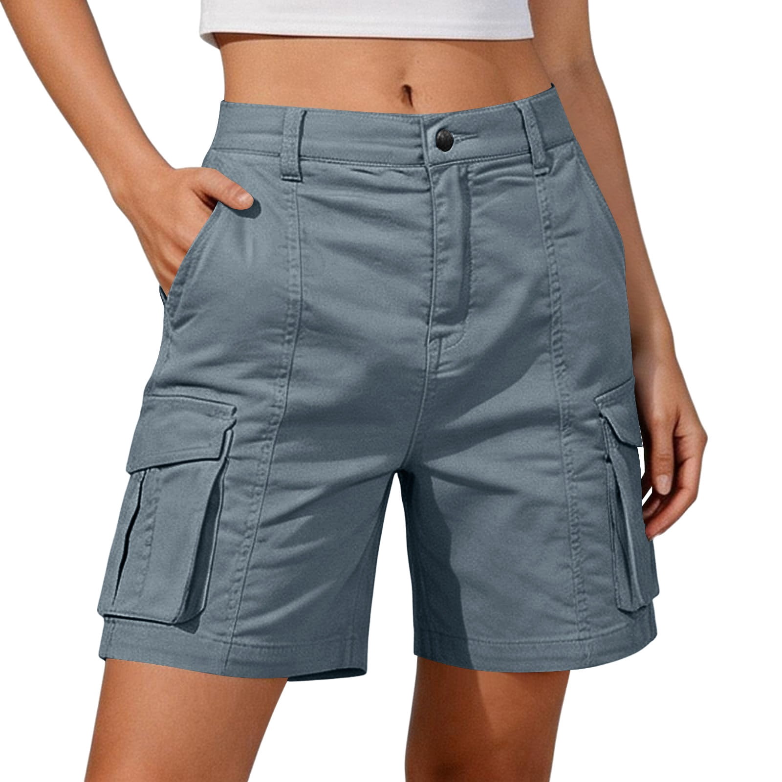 ATOYSOY Women's Multi Side Pocket Cargo Bermuda Shorts Solid Color High ...