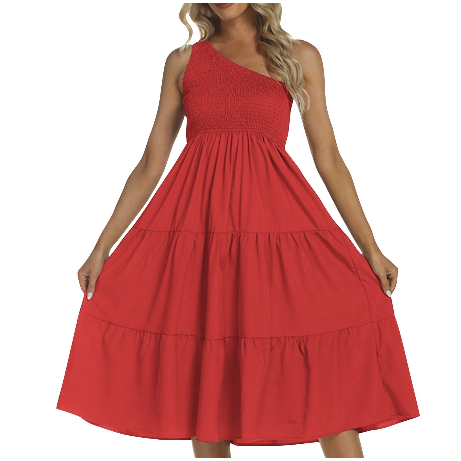 ATOYSOY Women's One Shoulder Elastic Tea Length A Line Dress Drop Waist ...