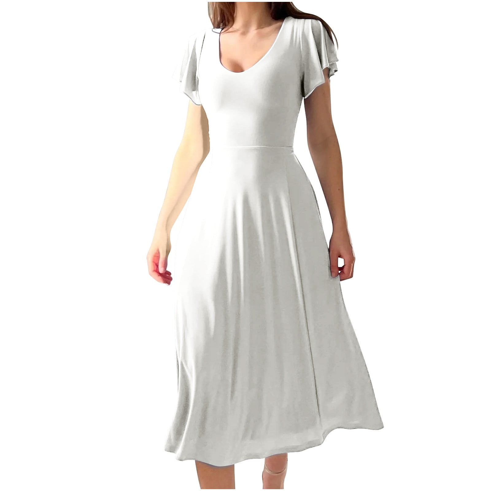 ATOYSOY Women's Retro Solid Color Ruffle Sleeve Beach Sundress Scoop ...