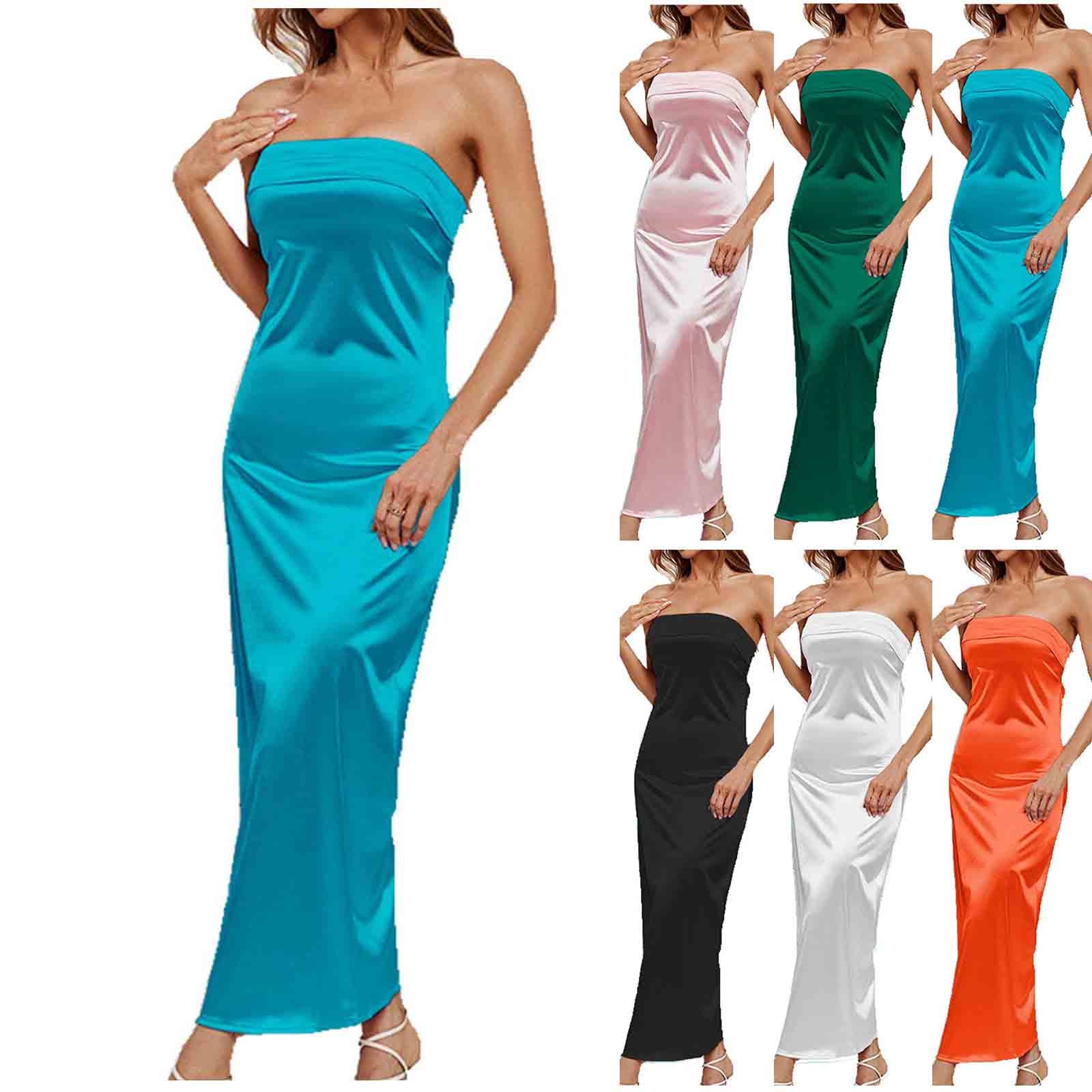 ATOYSOY Women's Retro Solid Color Satin Silk Maxi Straght Dress ...