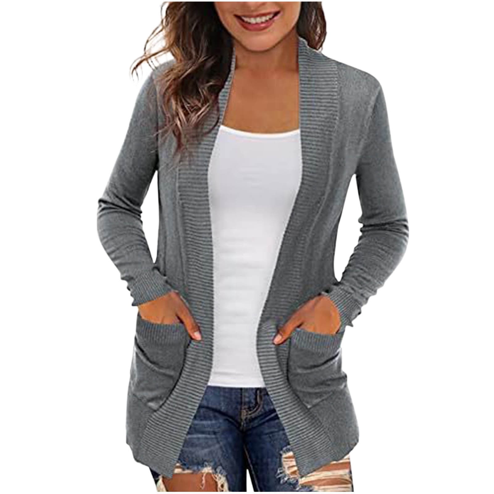 ATOYSOY Women's Solid Color Strip Pocket Knit Cardigan Jacket Duster ...
