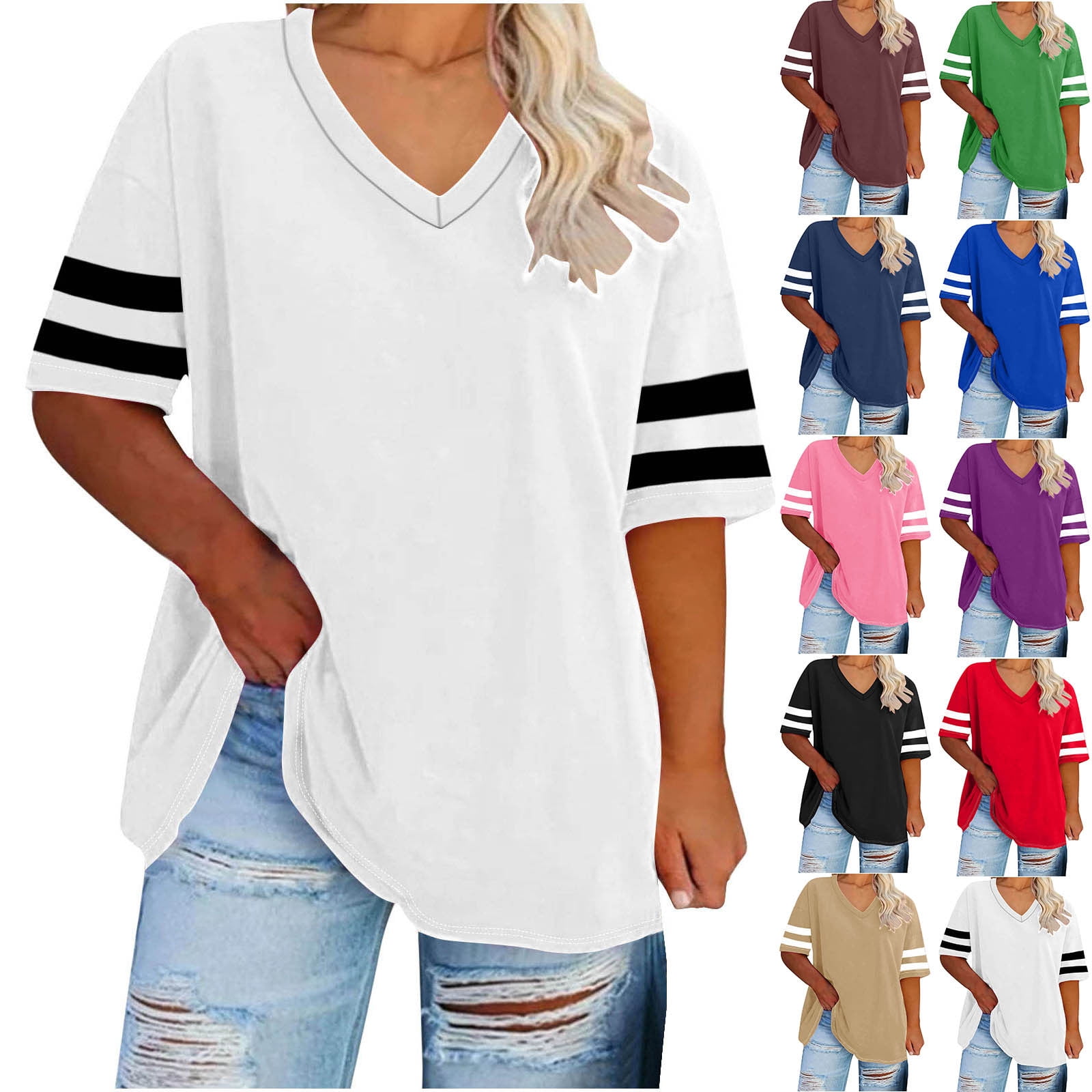 ATOYSOY Women's V Neck Blouses Summer Plus Size Raglan Tops Color Block ...