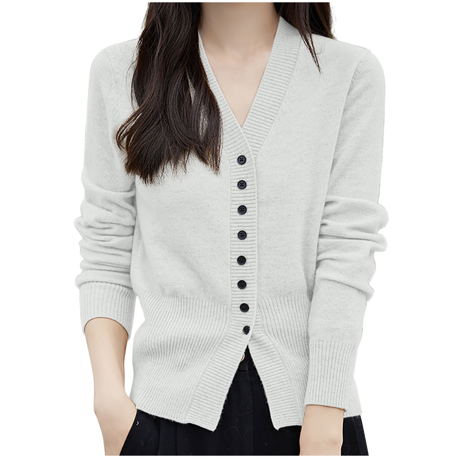 ATOYSOY Women's V Neck Button Ribbed Sweater Cardigan Long Sleeve ...