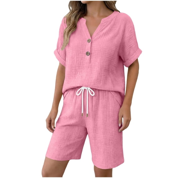 ATOYSOY Womens 2 Piece Linen Mix Short Set V Neck Top And Shorts Casual ...