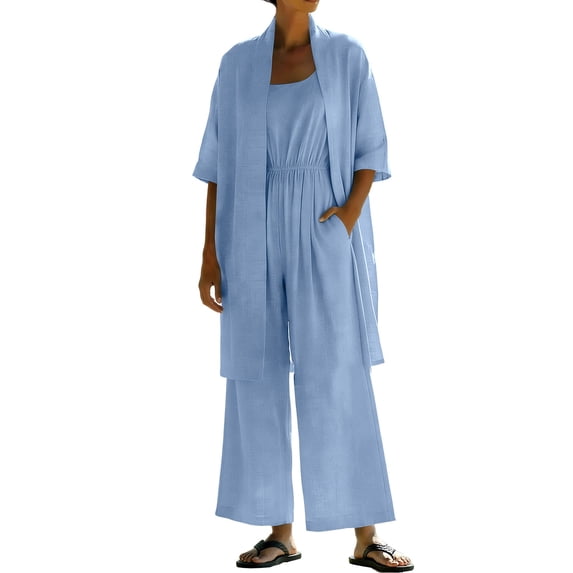 ATOYSOY Womens 2 Piece Linen Outfit Set Solid Color Open Front Cardigan ...