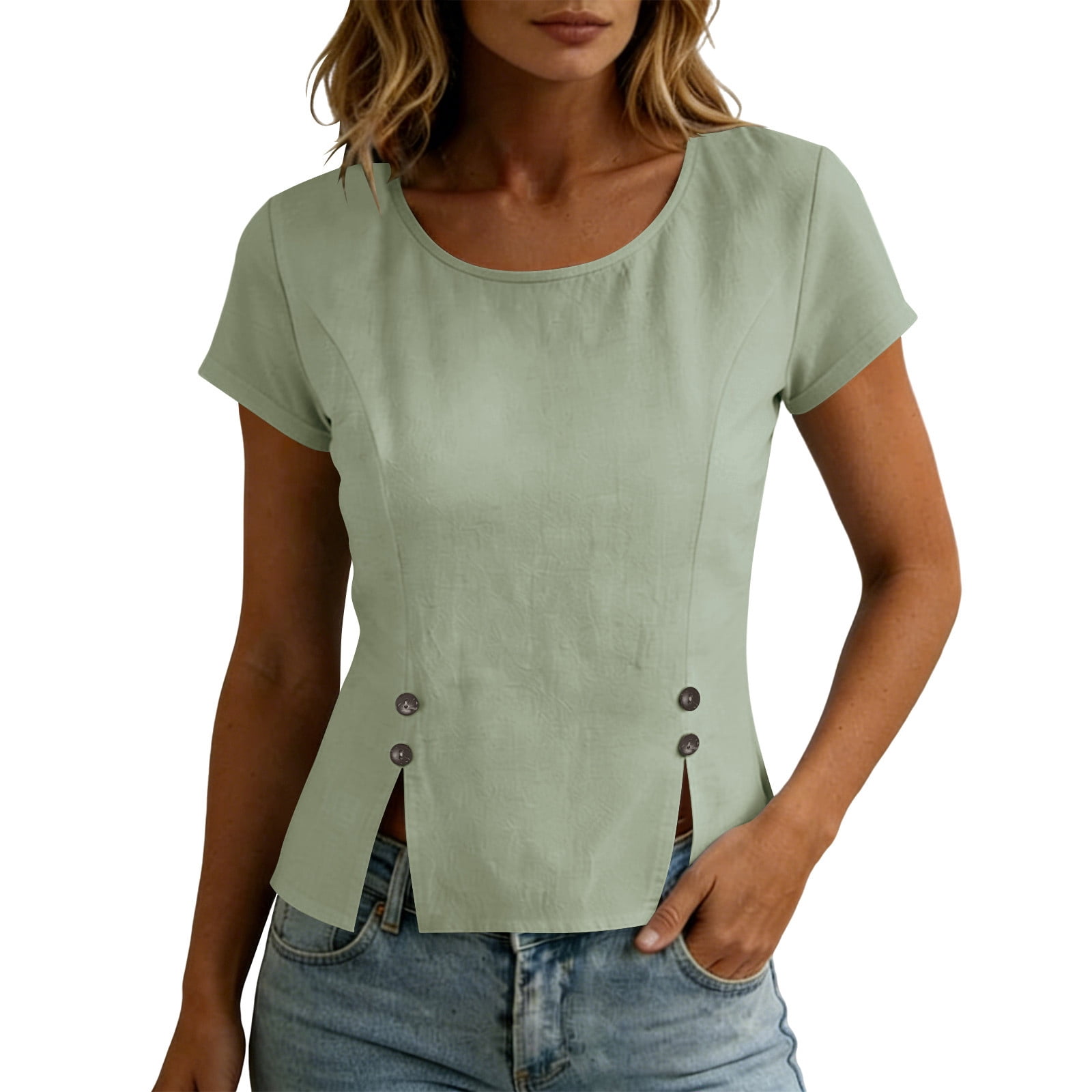 ATOYSOY Womens 2026 Cotton Linen Round Neck Tops Short Sleeve Casual ...