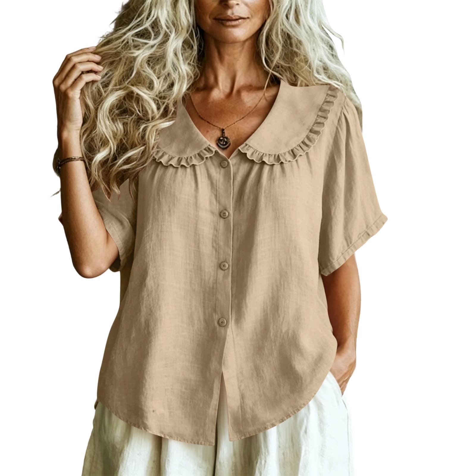 ATOYSOY Womens 2026 Cute Ruffled Round Collar Tops Short Sleeve Button ...
