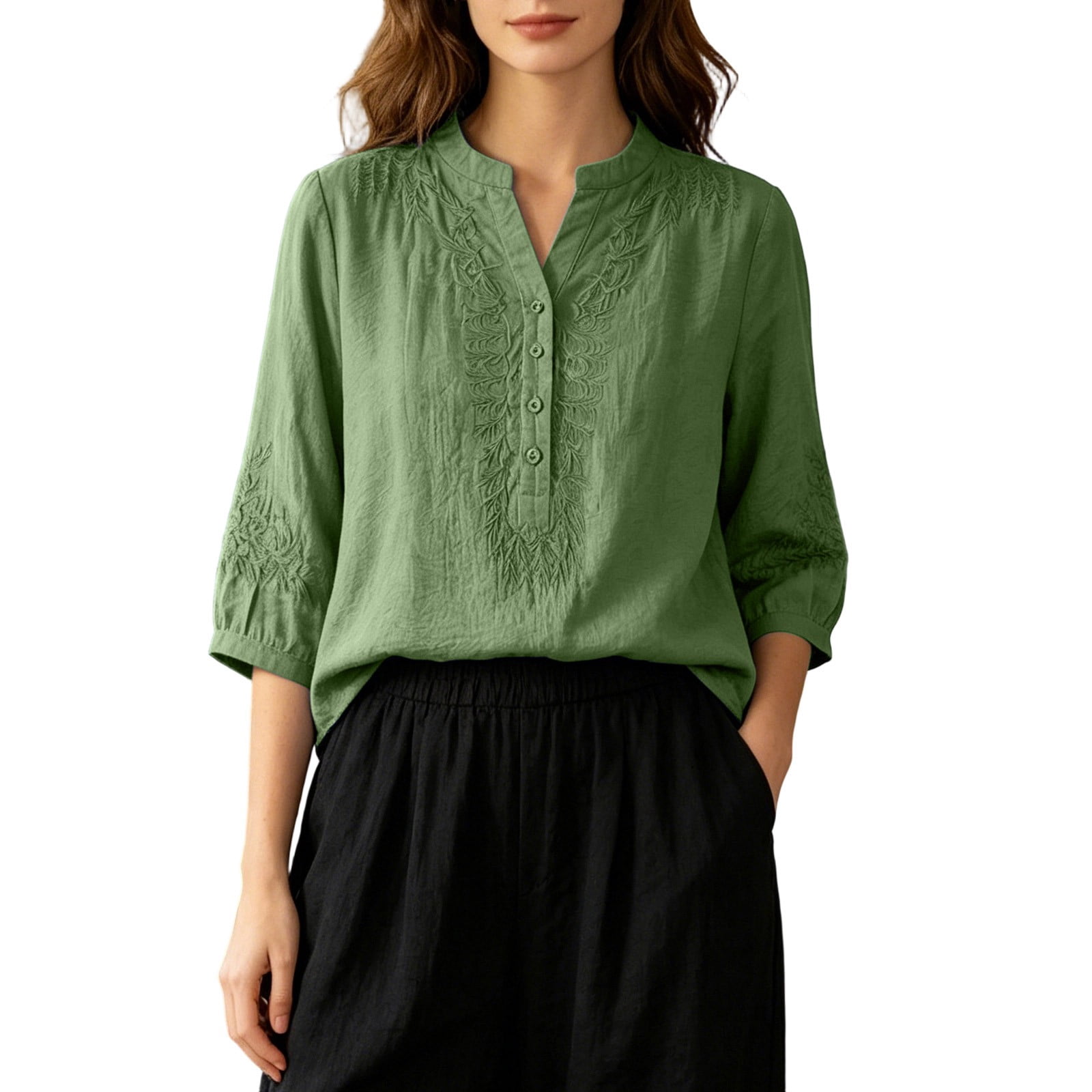 ATOYSOY Womens 2026 Embroidered Stand Collar Tops 3/4 Sleeve Casual ...