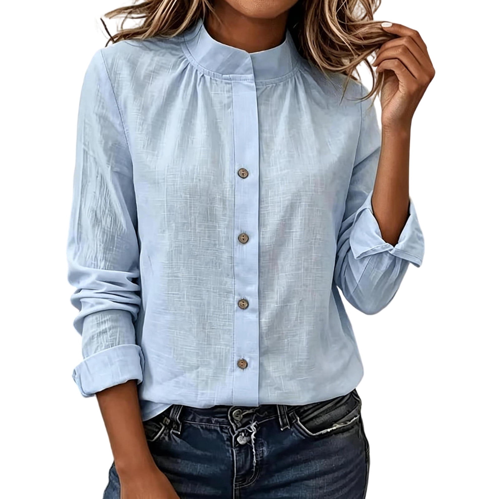 ATOYSOY Womens 2026 Gathered Stand Collar Tops Long Sleeve Button Down ...