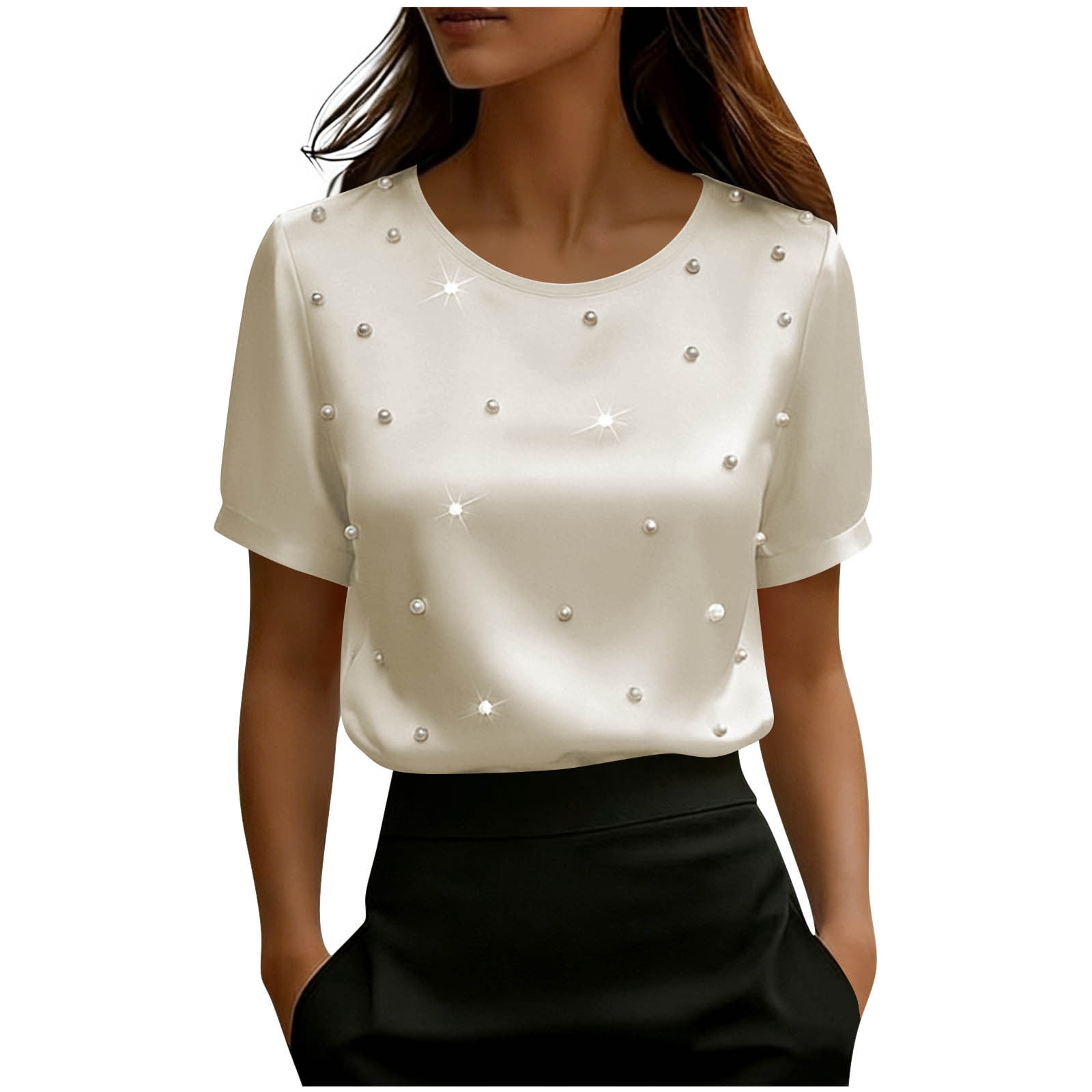 ATOYSOY Womens 2026 Satin Crew Neck Tops Short Sleeve Casual Blouses ...