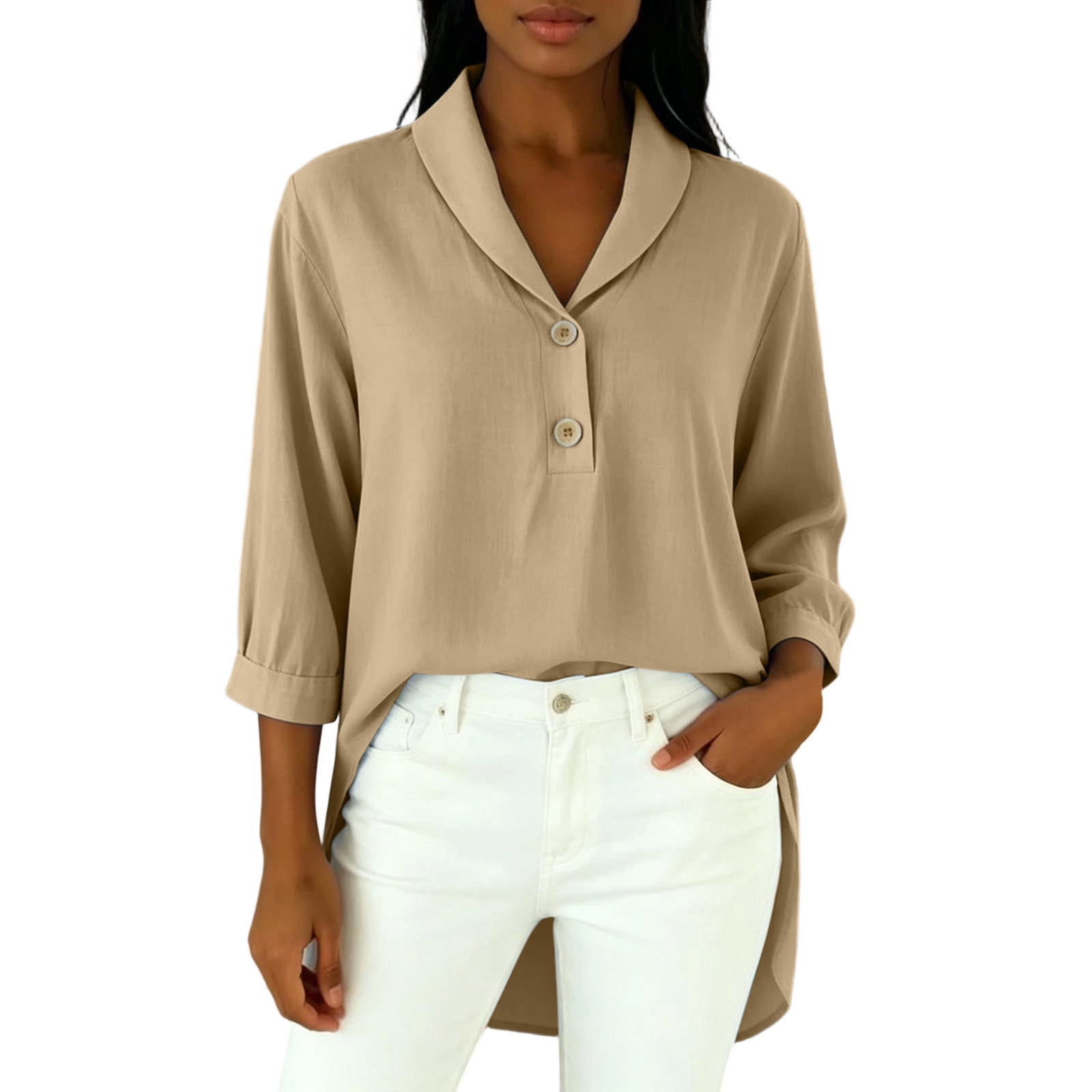 ATOYSOY Womens 2026 Shawl Collar Tops 3/4 Sleeve Casual Blouses High ...