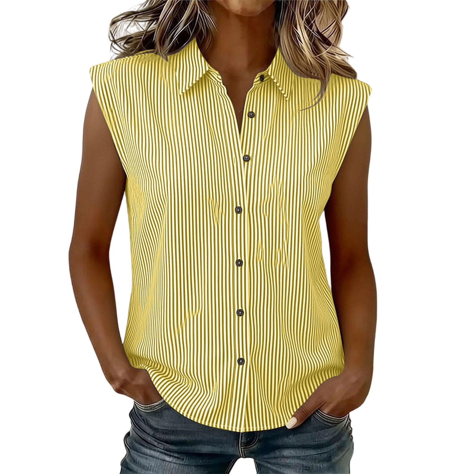 ATOYSOY Womens 2026 Striped Collared Sleeveless Tops V Neck Button Down ...