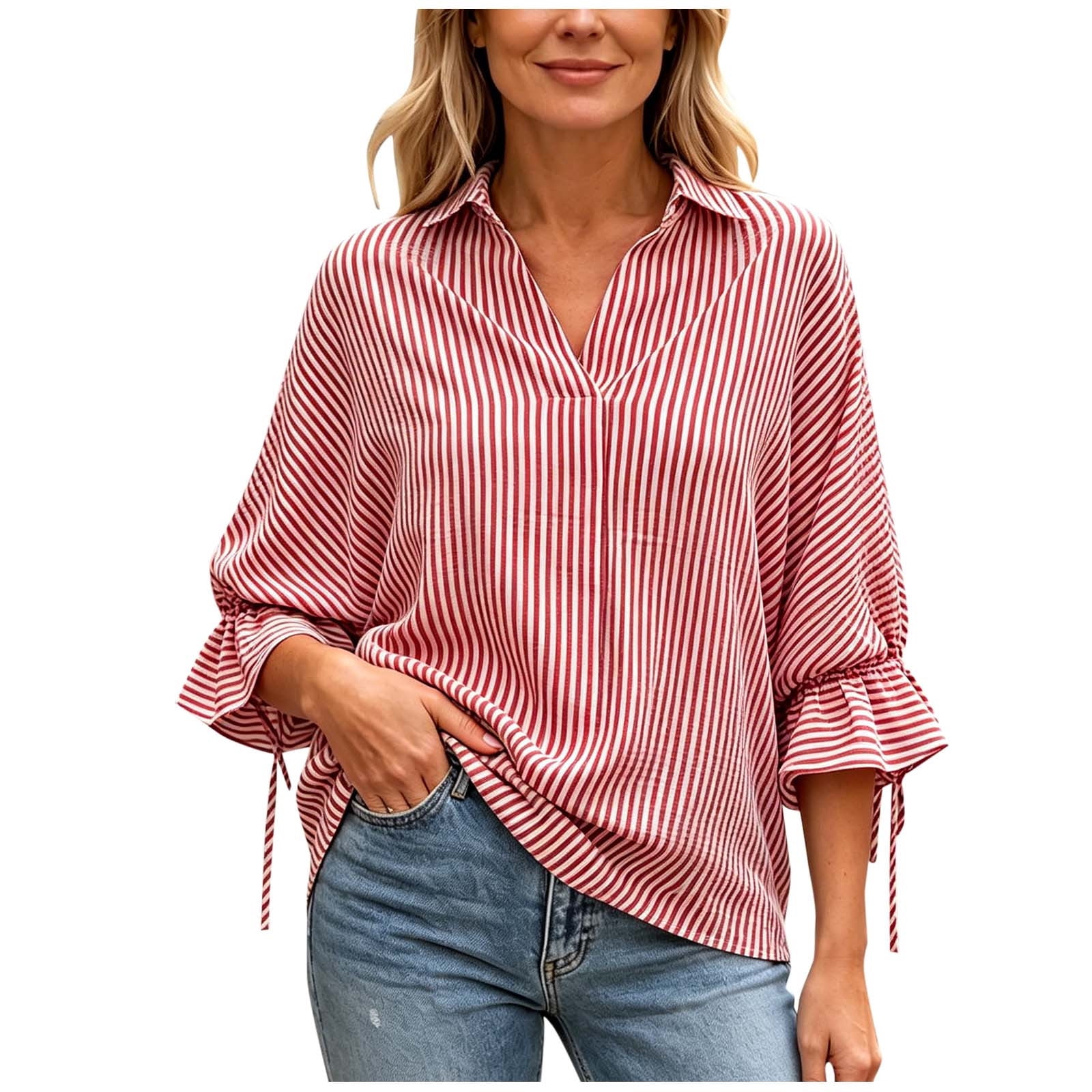 ATOYSOY Womens 2026 Striped Collared Tops Long Sleeve Casual Blouses ...