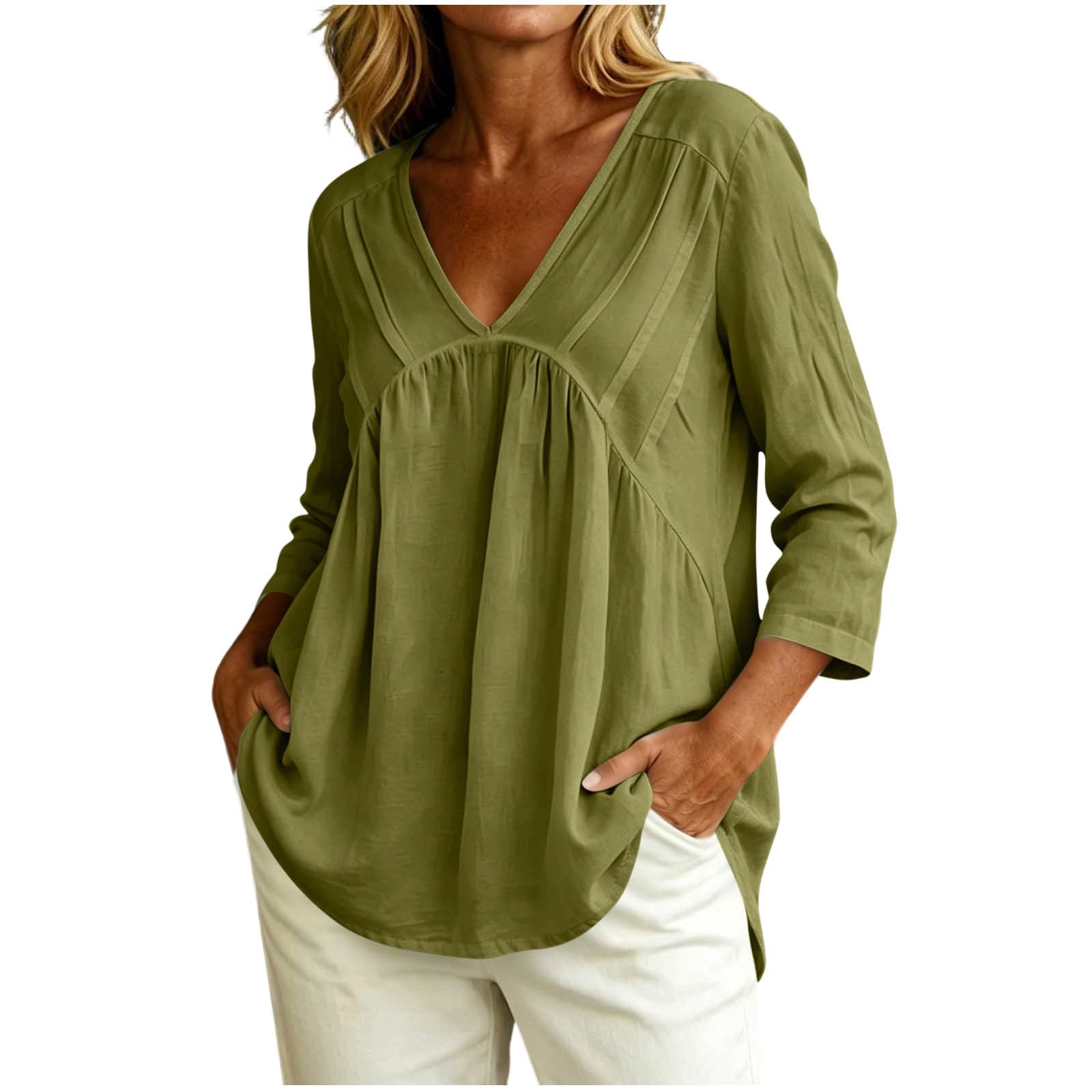 ATOYSOY Womens 2026 V Neck Pleated Tops 3/4 Sleeve Casual Blouses Loose ...