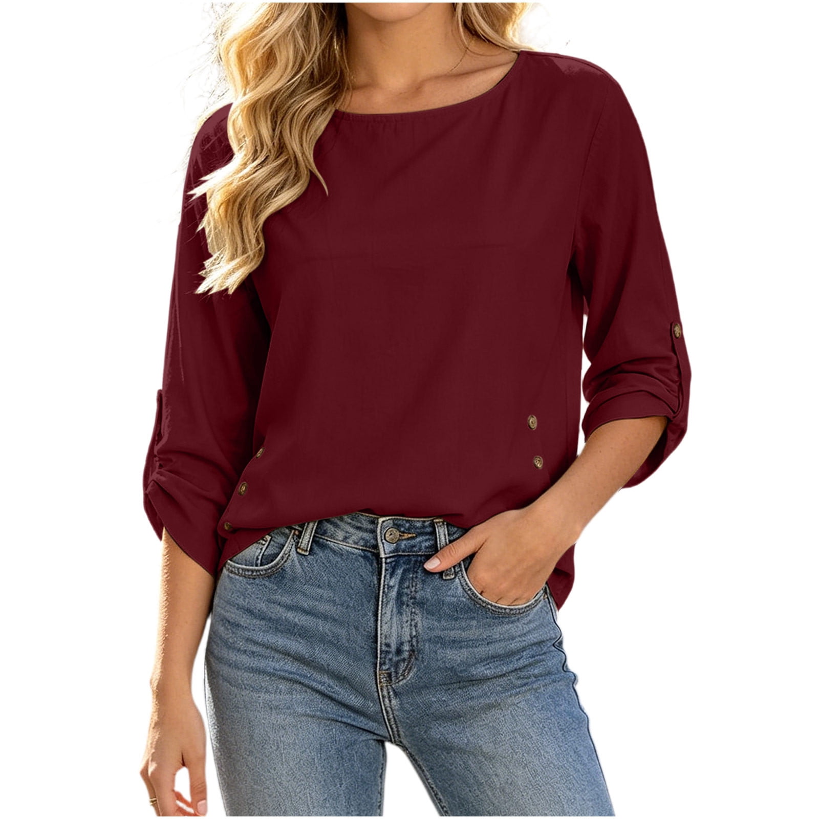 ATOYSOY Womens 2026Loose Tops Round Neck Side Buttons Rollable Batwing ...
