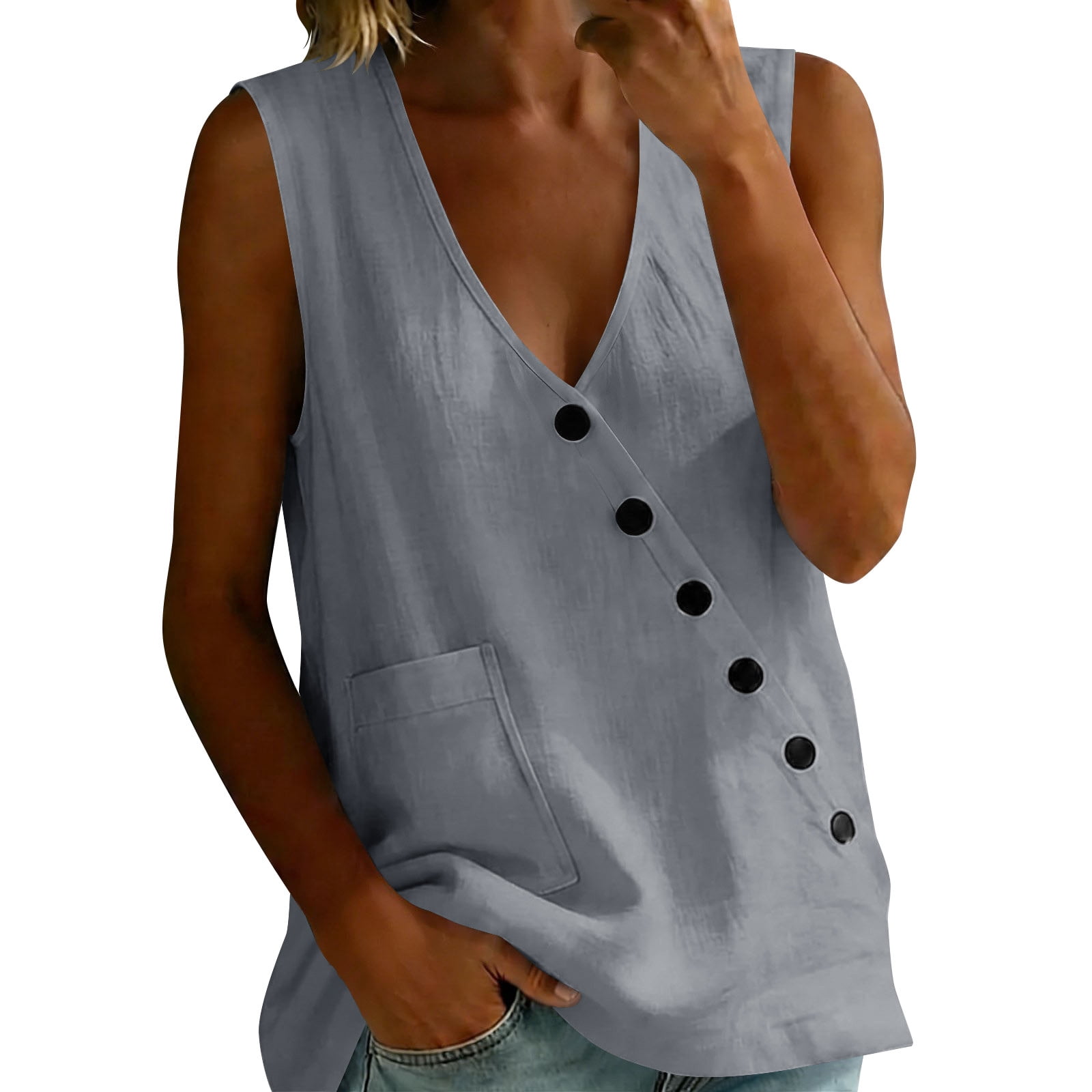 ATOYSOY Womens Asymmetric Button Wrap V Neck Sleeveless Vests Blouse ...