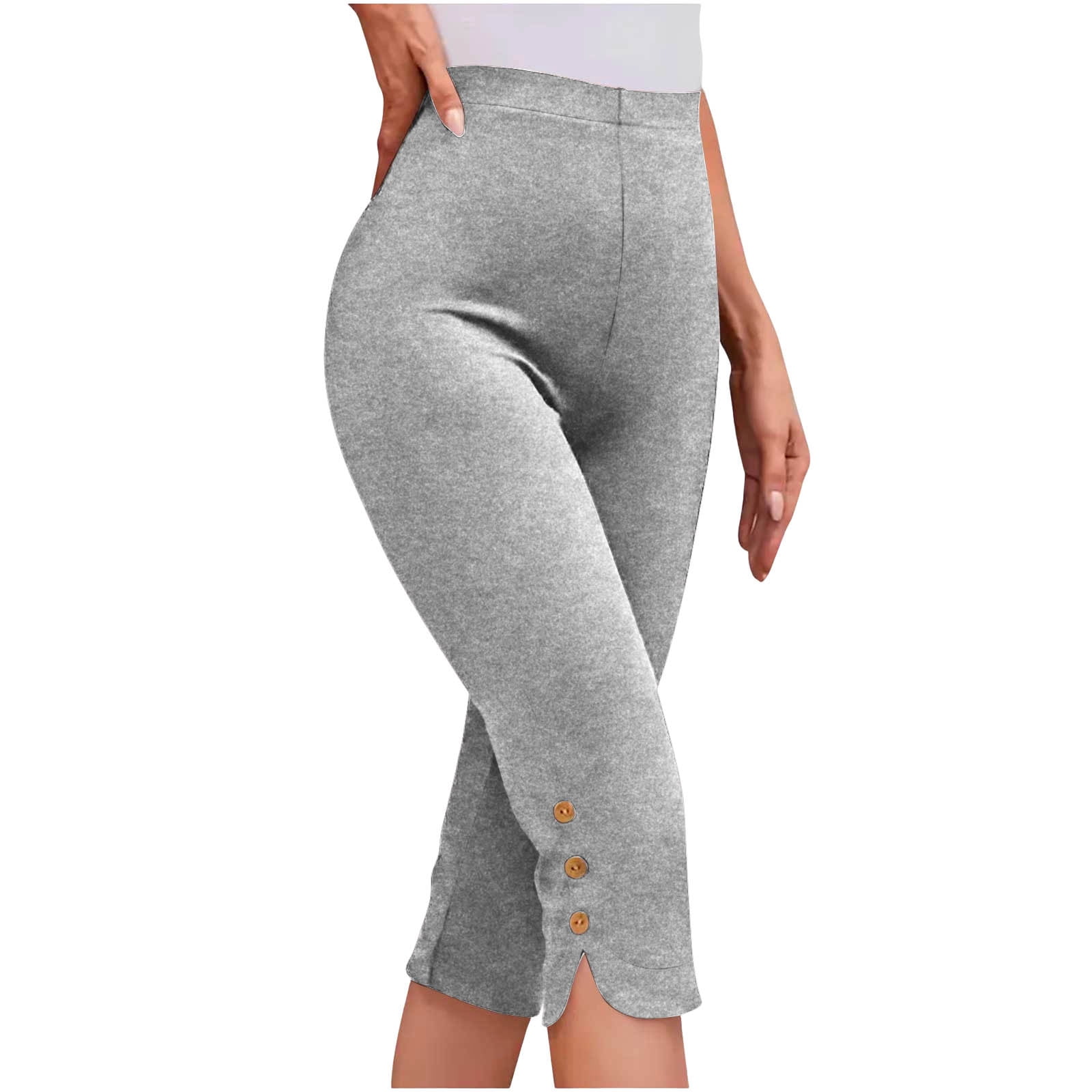 ATOYSOY Womens Button Detail Cropped Leggings High Waist Stretchy Pants ...