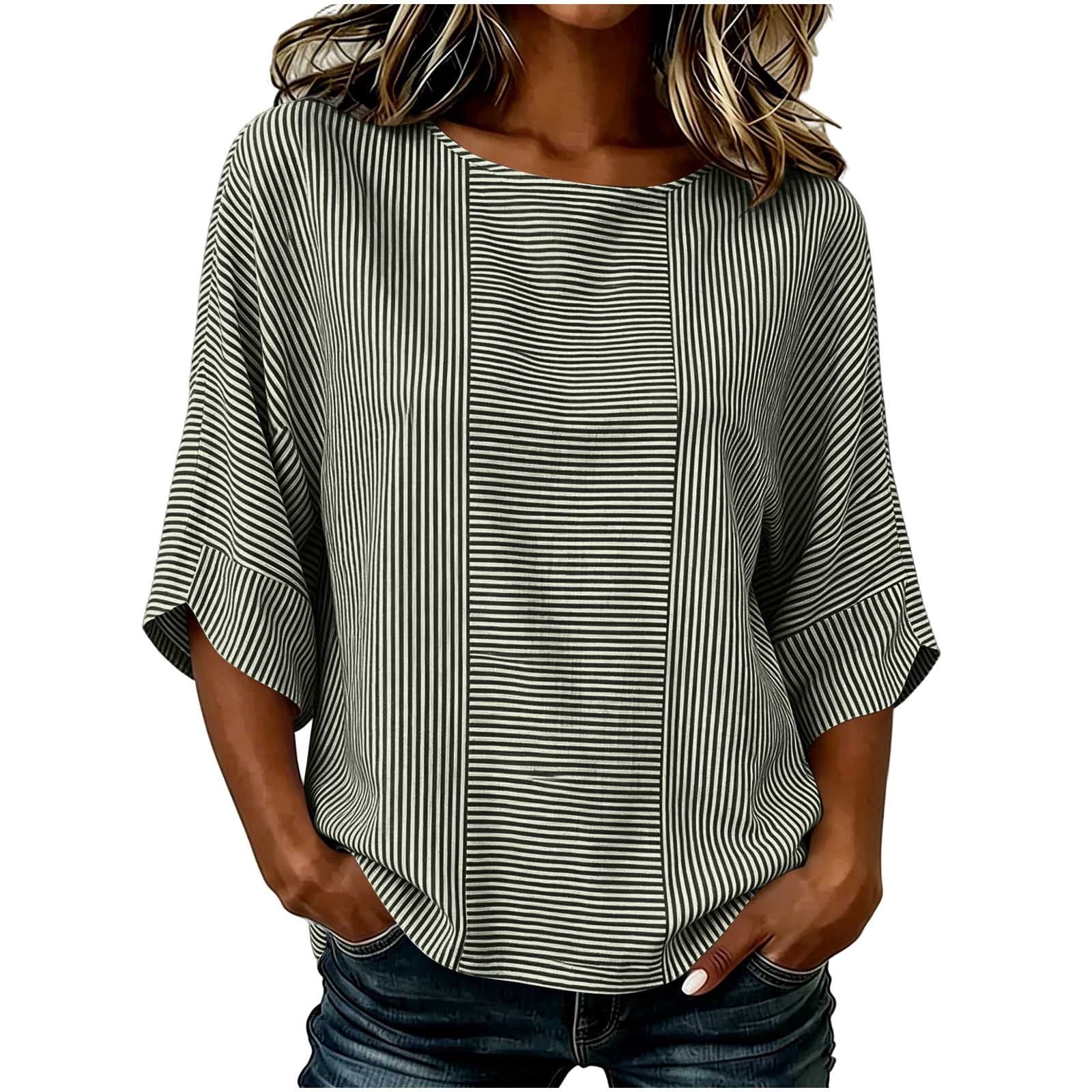 ATOYSOY Womens Casual Batwing Sleeve Blouses 3/4 Striped Patchwork Tops ...