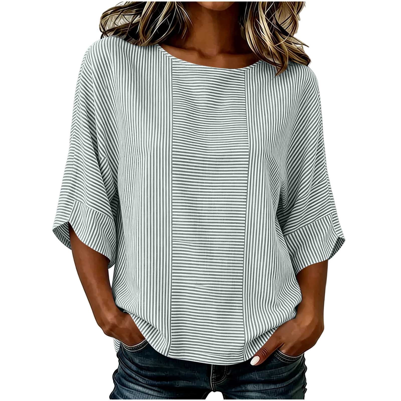 ATOYSOY Womens Casual Batwing Sleeve Blouses 3/4 Striped Patchwork Tops ...