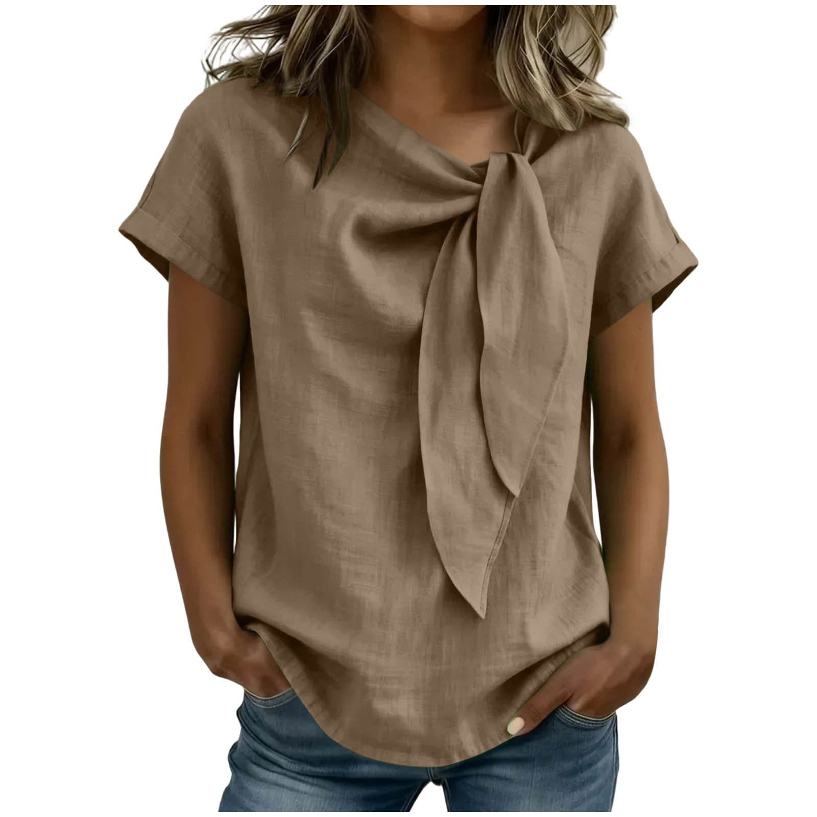 ATOYSOY Womens Casual Bow Tied Neck Blouses Short Sleeve V Neck Tops ...