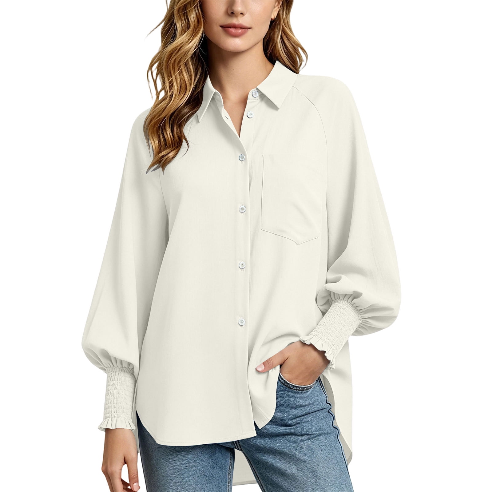 ATOYSOY Womens Casual Button Down Blouses Long Sleeve Puff Sleeve Tops ...