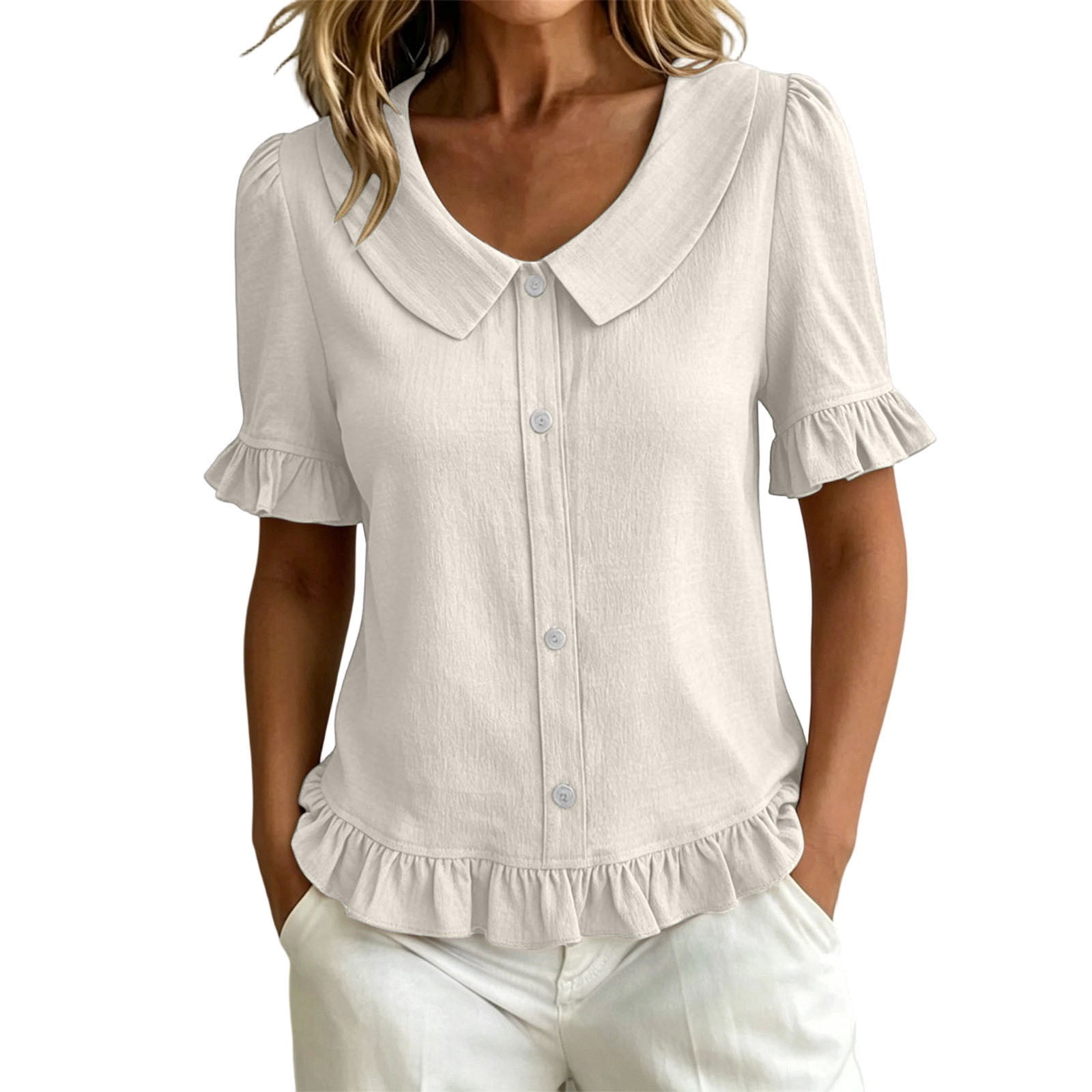 ATOYSOY Womens Casual Ruffled Hem Blouses Short Sleeve Baby Collar Tops ...