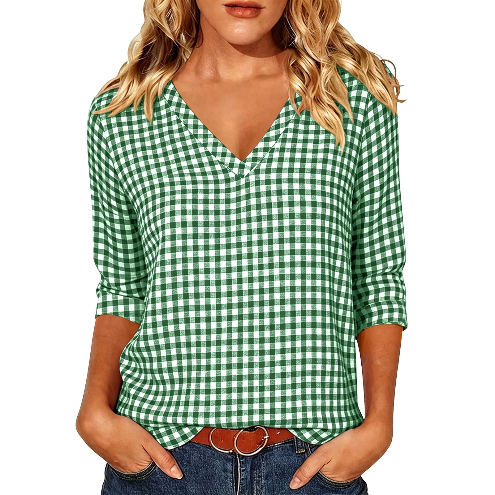 ATOYSOY Womens Classic Checked Plaid V Neck Blouse 3/4 Sleeve ...
