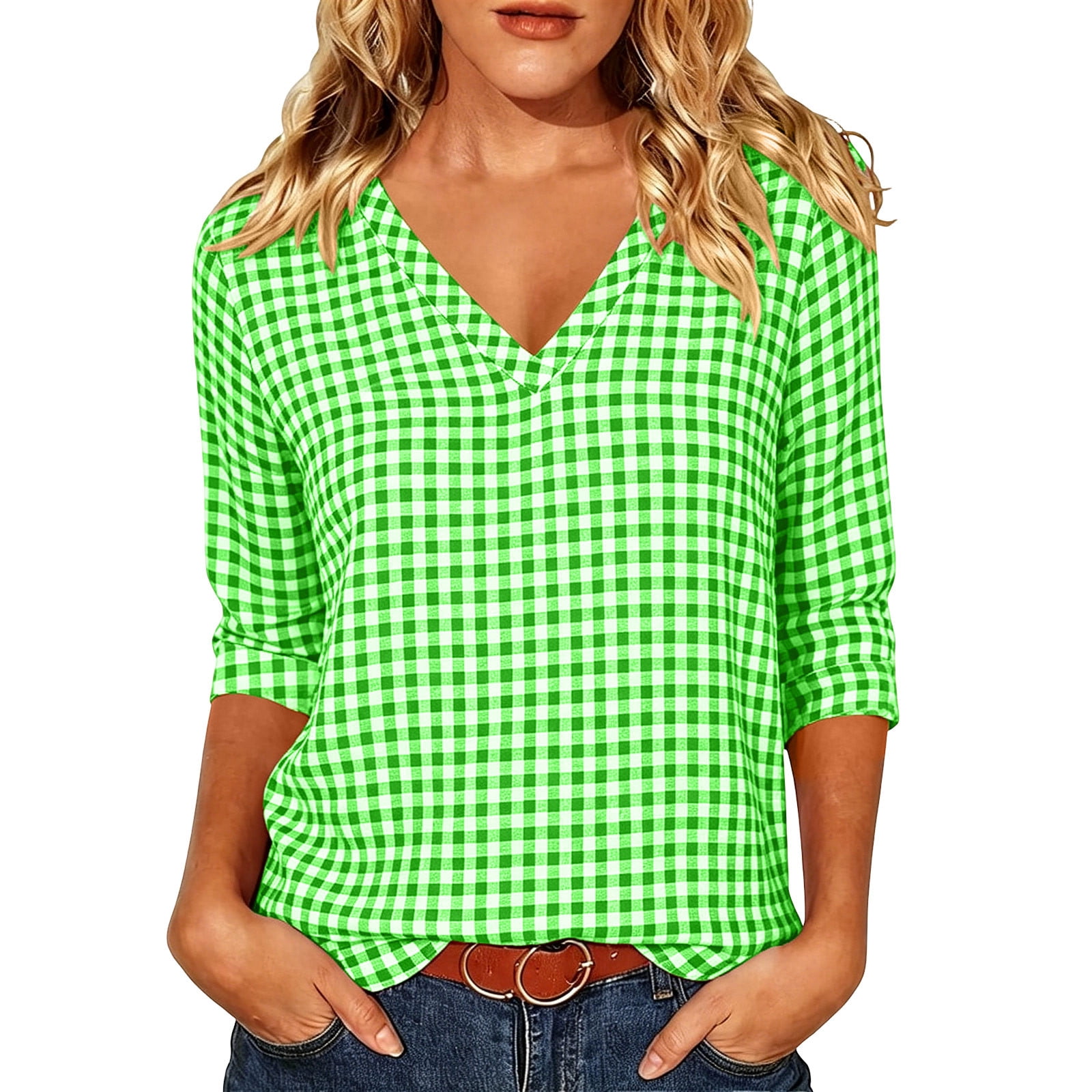 ATOYSOY Womens Classic Checked Plaid V Neck Blouse 3/4 Sleeve ...
