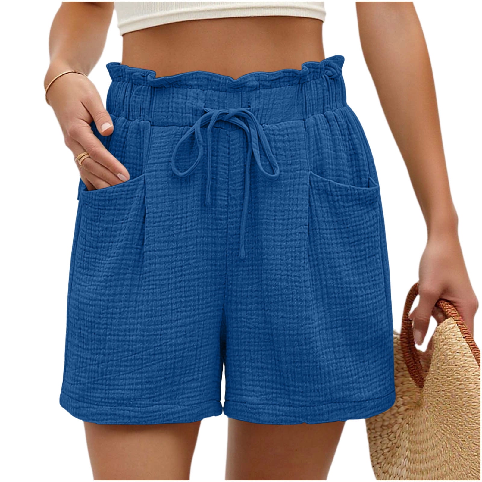 ATOYSOY Womens Crinkle Gauze Drawstring Shorts Elastic High Waist ...