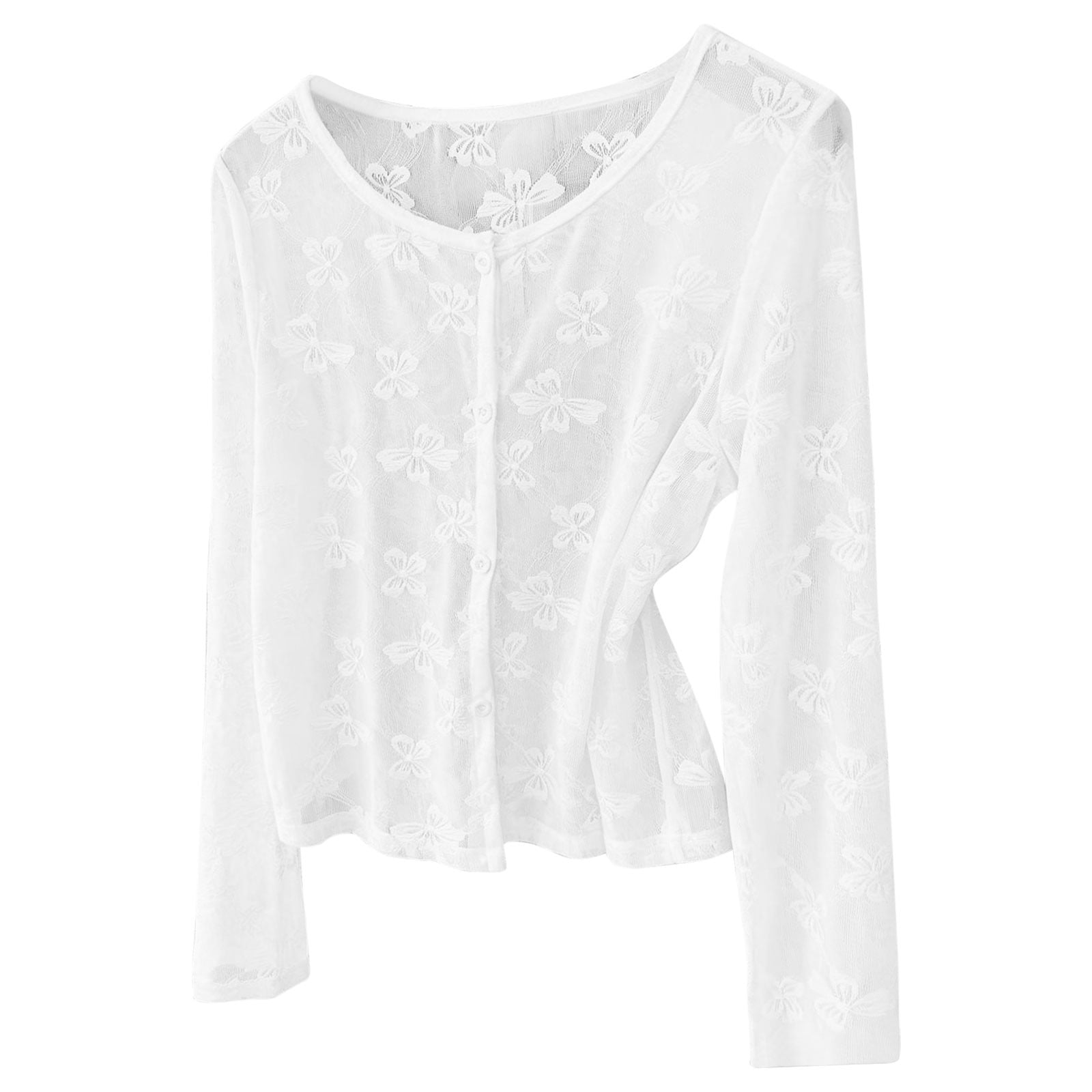 ATOYSOY Womens Floral Lace Sheer Mesh Cropped Cardigan Long Sleeve Open ...