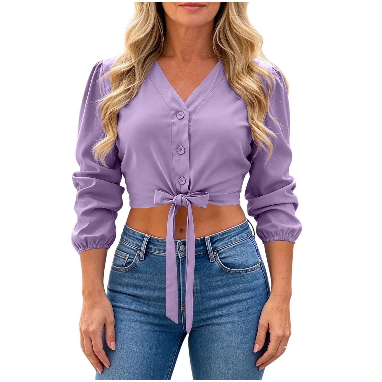 ATOYSOY Womens Gloss Chiffon Tops Deep V Neck Voluminous Cuff Long ...
