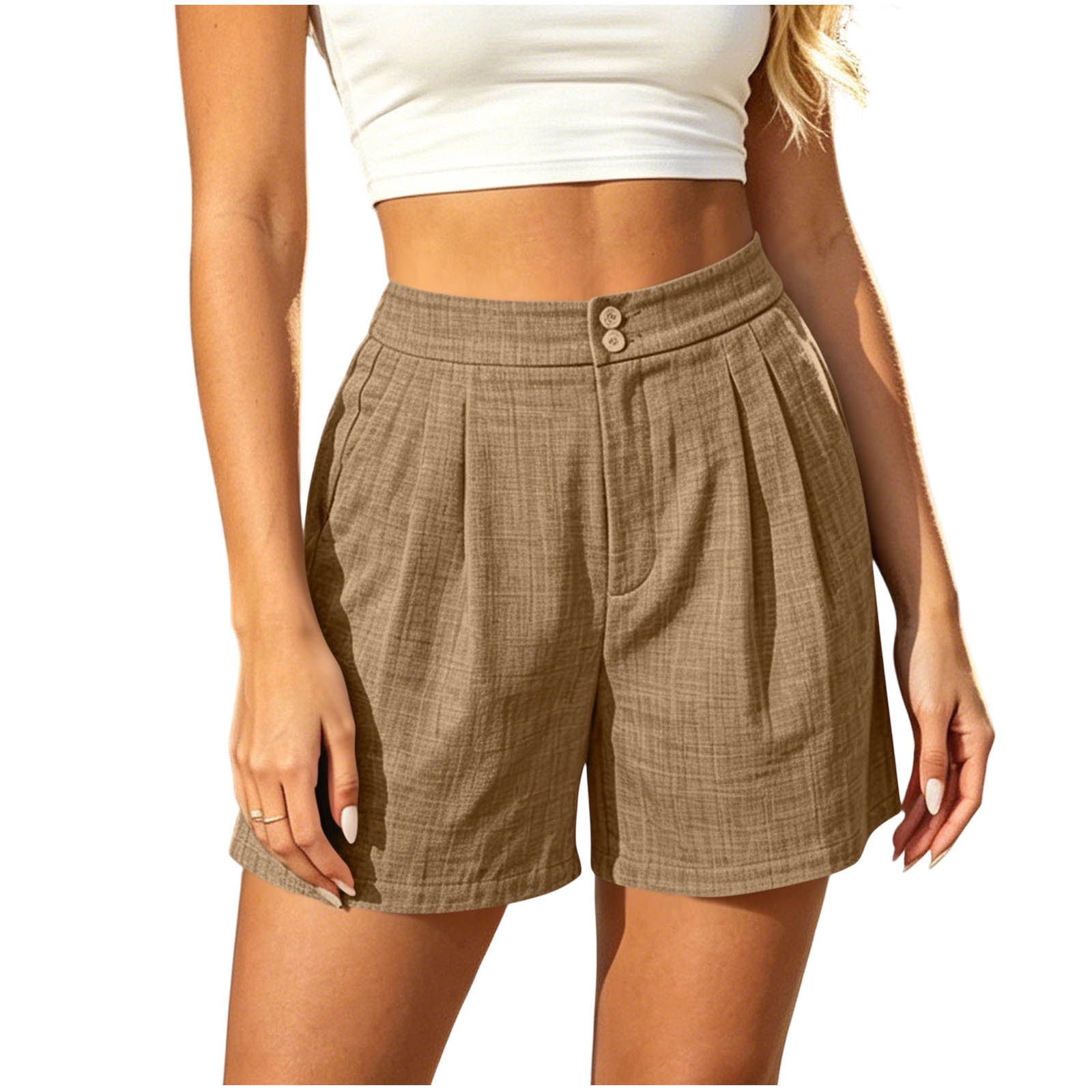 ATOYSOY Womens High Waist Pleated Linen Shorts Button Detail Casual ...