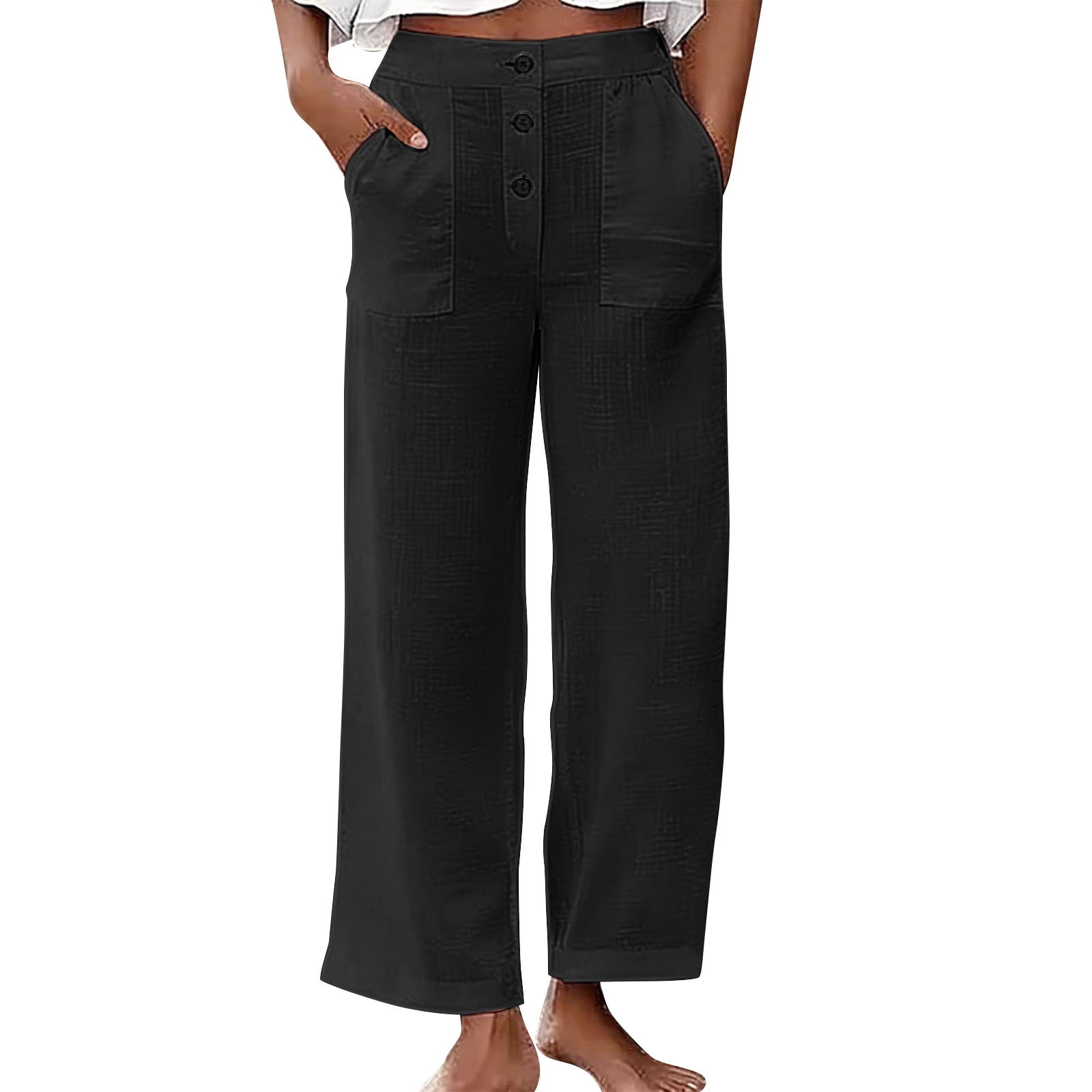 ATOYSOY Womens Linen Cropped Straight Pants Solid Color 3 Button ...