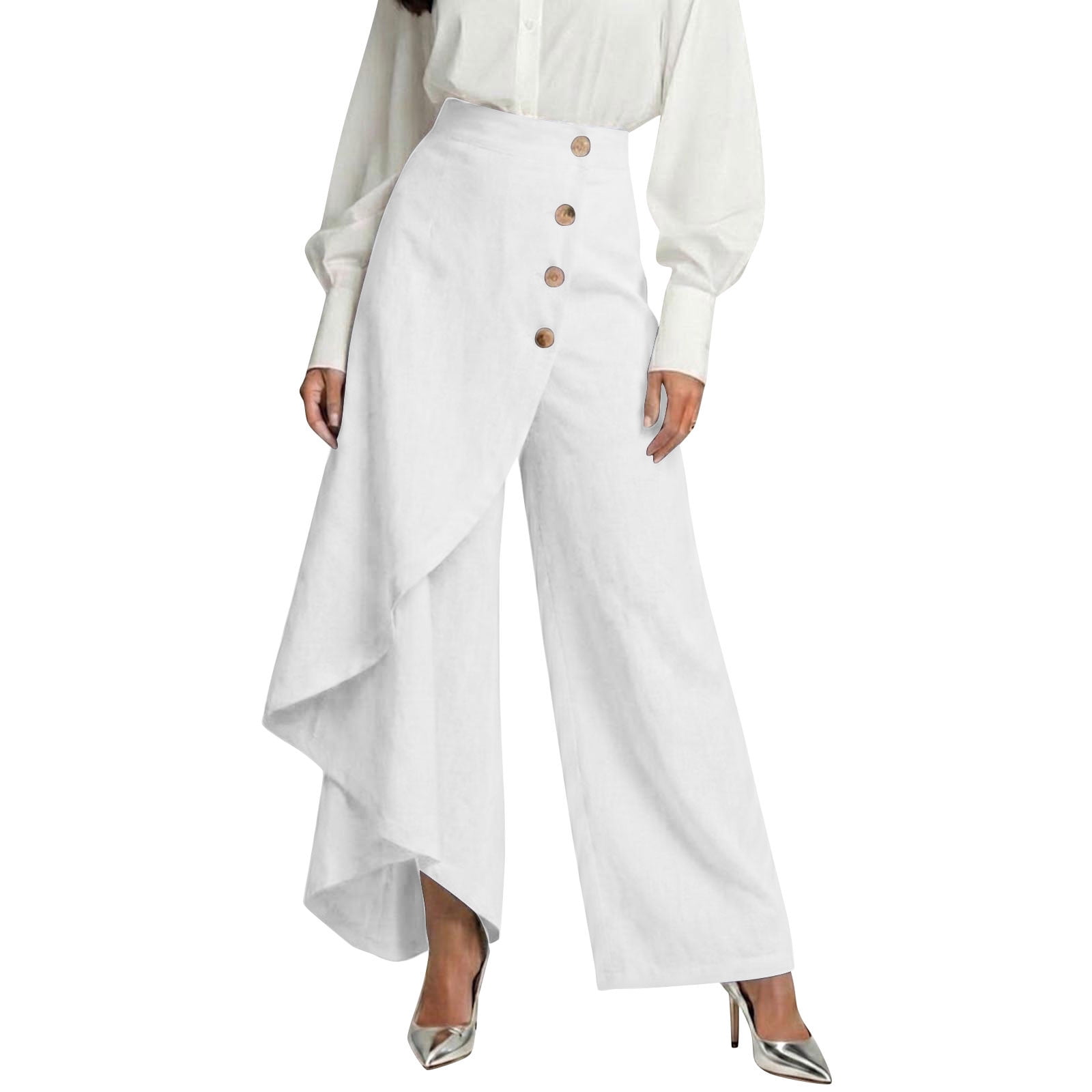 ATOYSOY Womens Linen Wide Leg Pants Solid Color High Waist Asymmetric ...