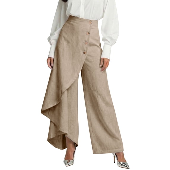 ATOYSOY Womens Linen Wide Leg Pants Solid Color High Waist Asymmetric ...