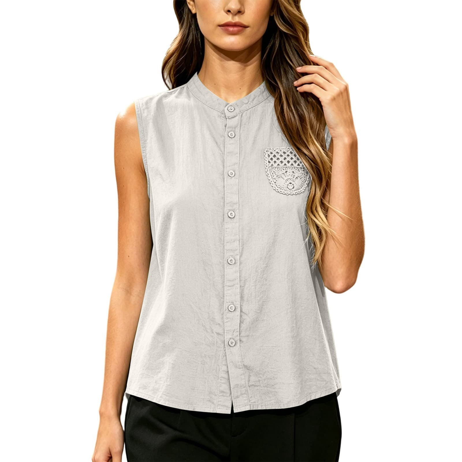 ATOYSOY Womens Mandarin Collar Sleeveless Button Down Shirt Casual ...