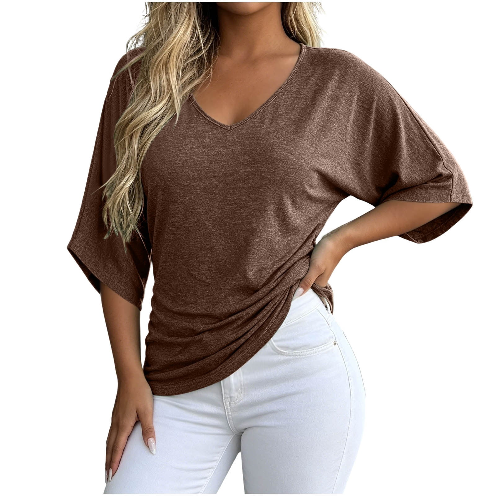 ATOYSOY Womens Marled Knit Tops Deep V Neck Batwing Half Sleeve Side ...