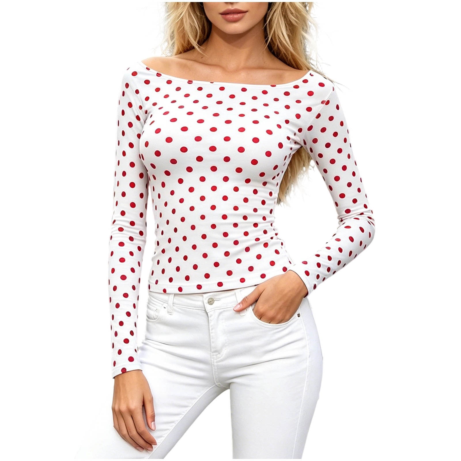 ATOYSOY Womens Off Shoulder Polka Round Long Sleeve Top Casual Slim ...