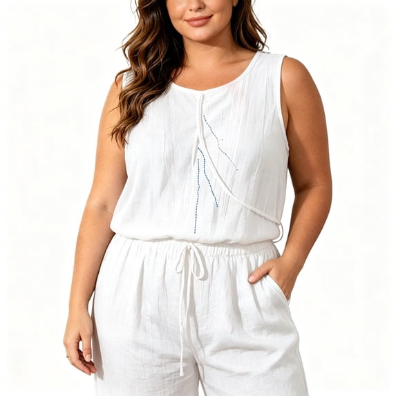 ATOYSOY Womens Plus Size Round Neck Drawstring Sleeveless Top Casual ...
