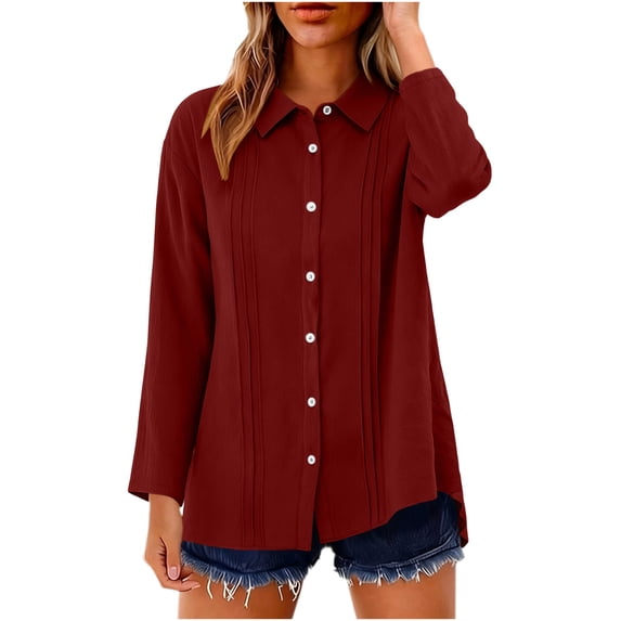 ATOYSOY Womens Point Collar Tops Solid Color Pleated Front Button Up ...