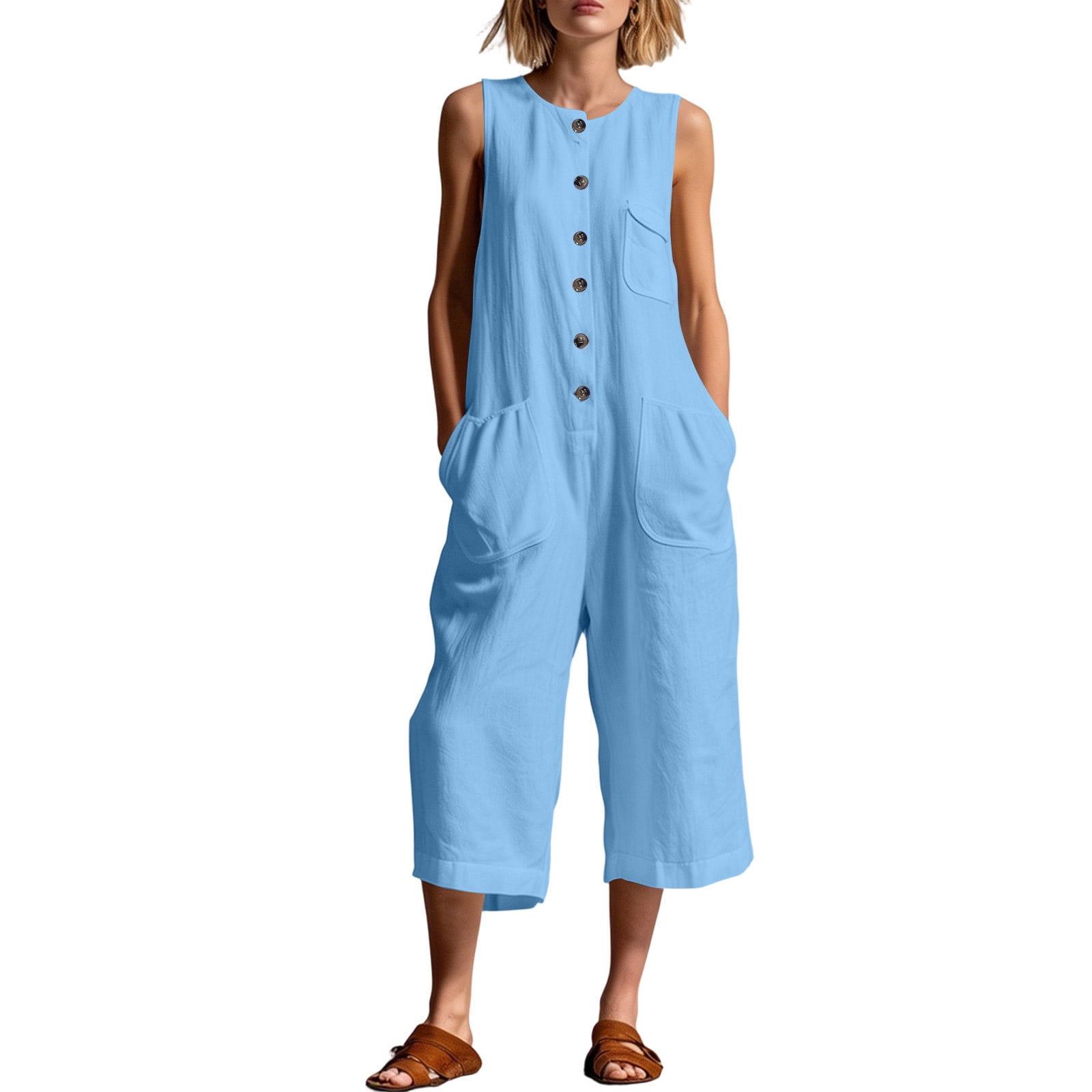 ATOYSOY Womens Sleeveless Button Up Cropped Jumpsuit Solid Color Comfy ...