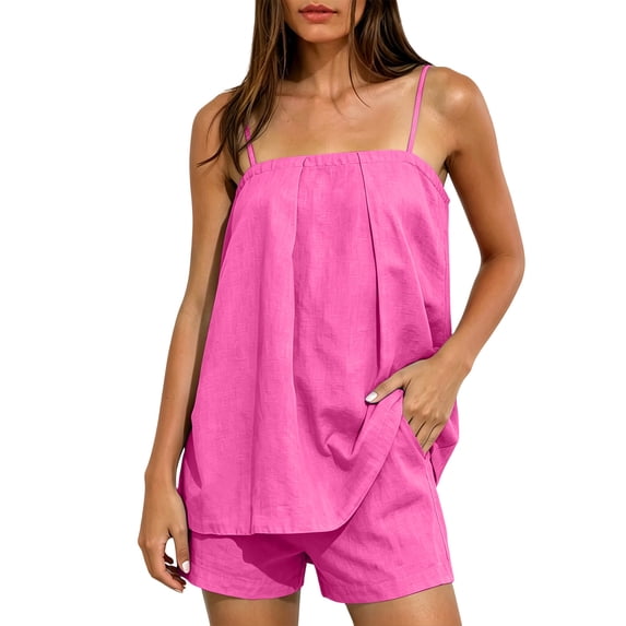 ATOYSOY Womens Sleeveless Linen Mix 2 Piece Short Set Geometric Neck ...