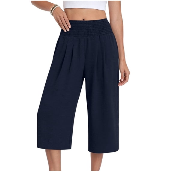ATOYSOY Womens Smocked Waist Culottes Elastic High Waist Cropped Wide ...